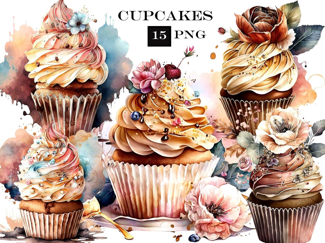 Watercolor Cupcakes Clip Art, Cupcakes Clip Art Bundle, Cupcake PNG ...