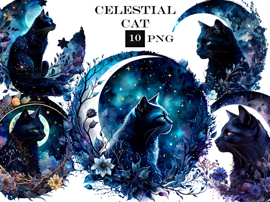 Celestial Cat Watercolor Clipart Bundle Animal PNG Cat SVG Commercial ...