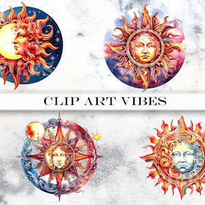 Sun Clipart Bundle, Watercolor Celestial Clip Art, Moon Clipart PNG ...