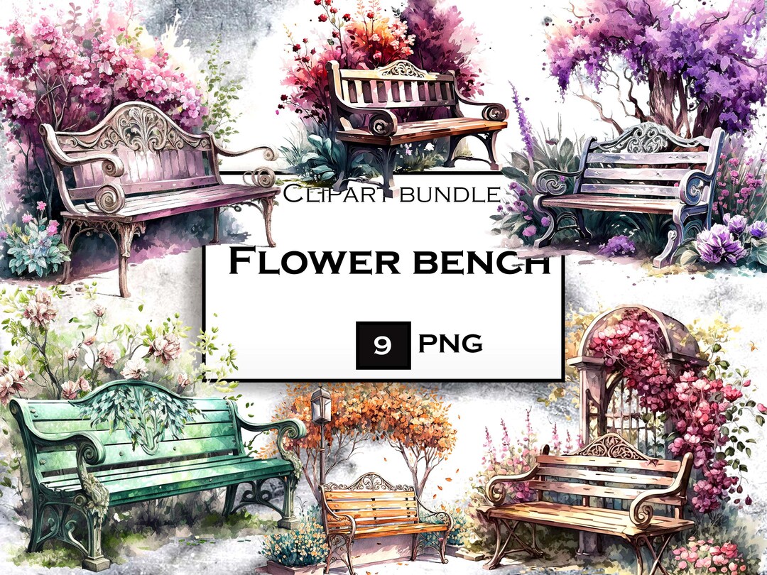 Flower Bench Clipart Watercolor Bench Bundle Romantic - Etsy