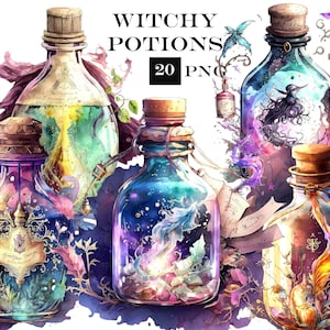 Witch Potions Clipart, Watercolor Potions PNG, Witchery Clipart Bundle ...