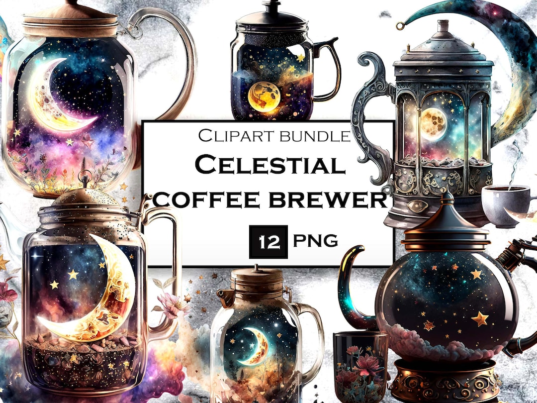 Watercolor Coffee Clip Art, Celestial Coffee Brewer Clipart Bundle ...