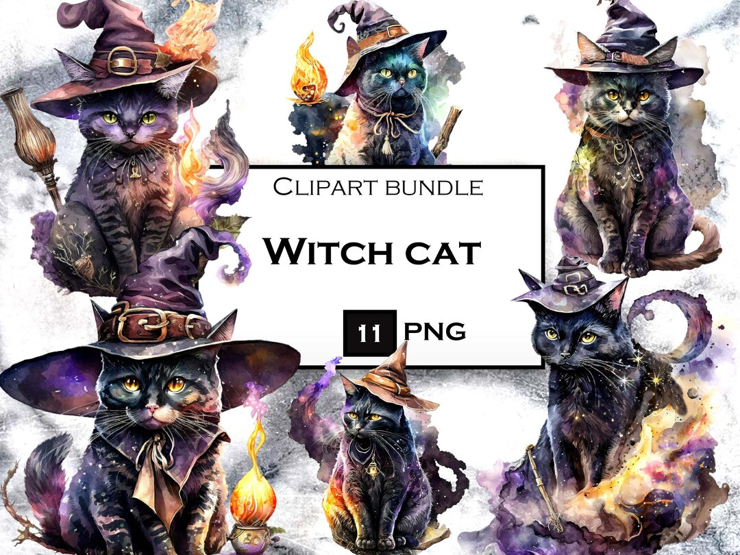 Witch Cat Clipart, Watercolor Cat PNG, Witchery Clipart Bundle ...