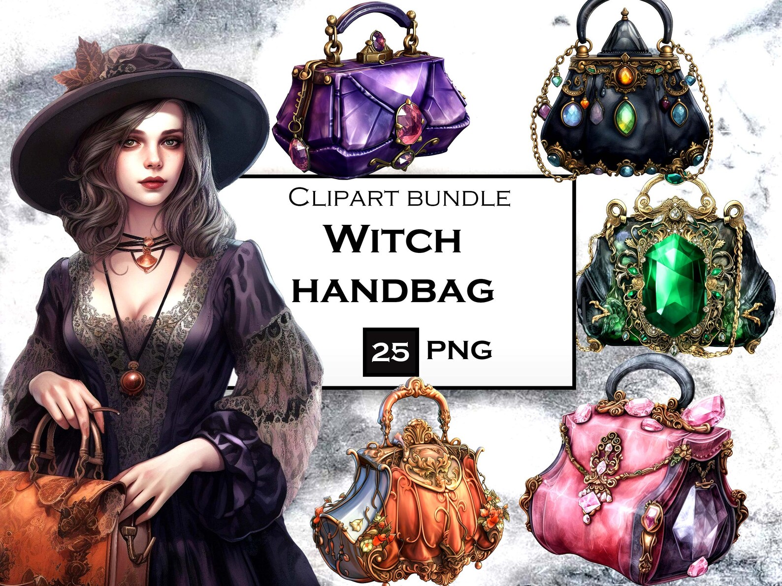 25 PNG Witch Clipart Bundle, Watercolor Witch Handbag Clip Art PNG ...