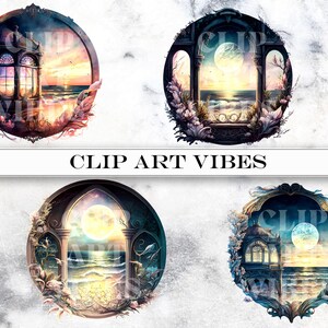 Sunset Window Clip Art, Watercolor Window PNG, Fantasy Window Clipart ...