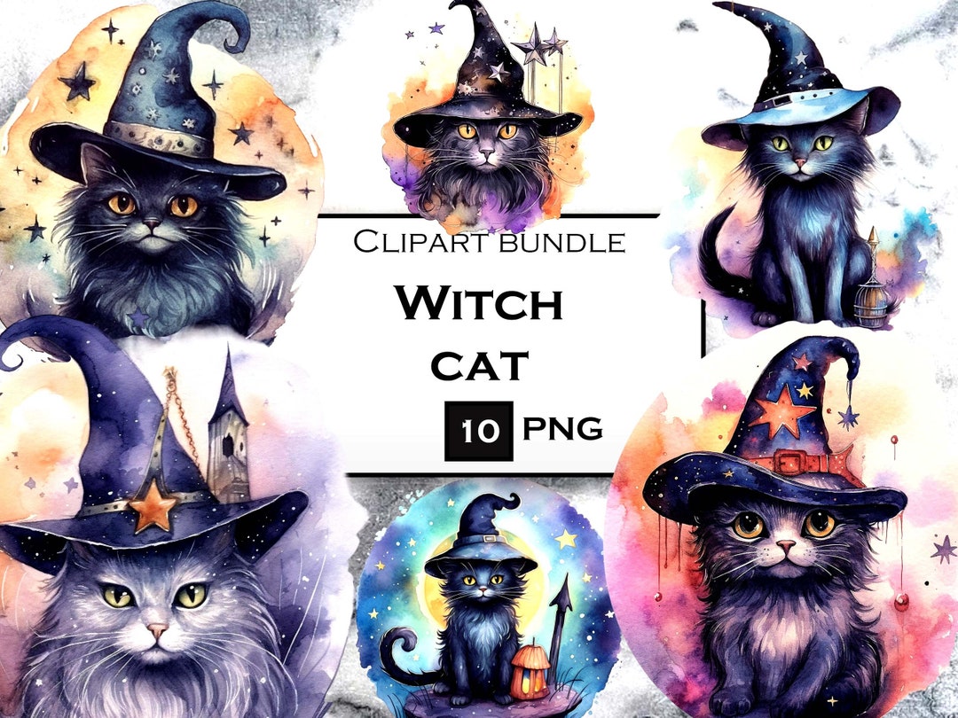 10 PNG Witch Cat Clipart Bundle Watercolor Cat PNG Witchery - Etsy