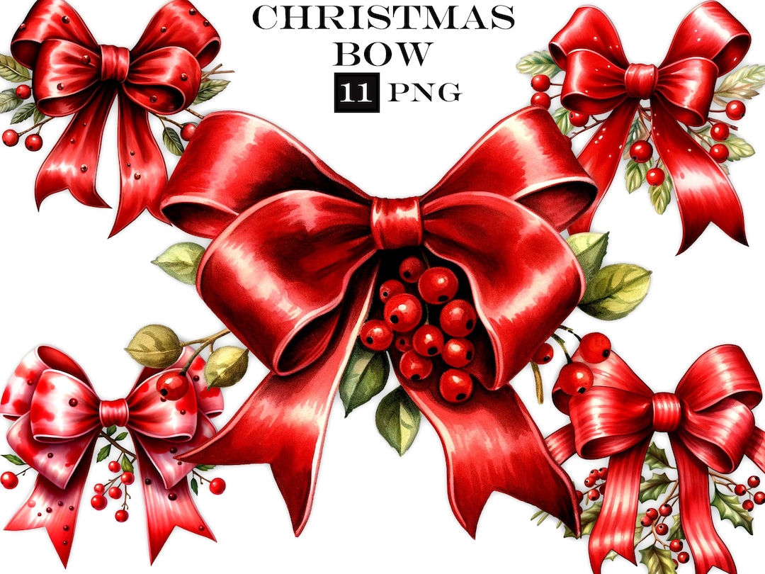 Christmas Clipart Bundle: 11 PNG Watercolor Christmas Bows, Holiday ...
