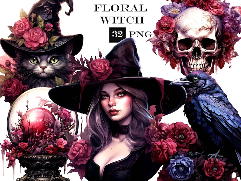 Floral Witch Clipart Bundle: Watercolor Witchcraft Designs (PNG) - Etsy