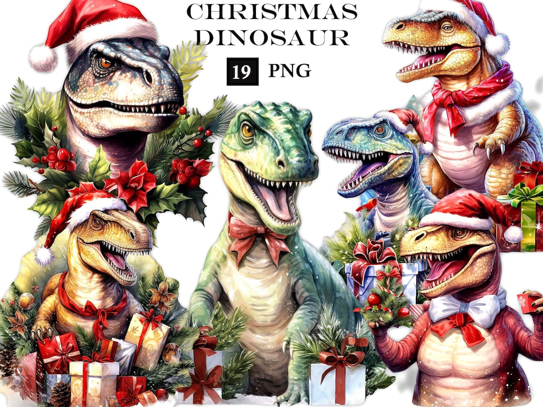 Christmas Dinosaur Clipart Bundle - Festive PNG Clipart Set - Cute ...