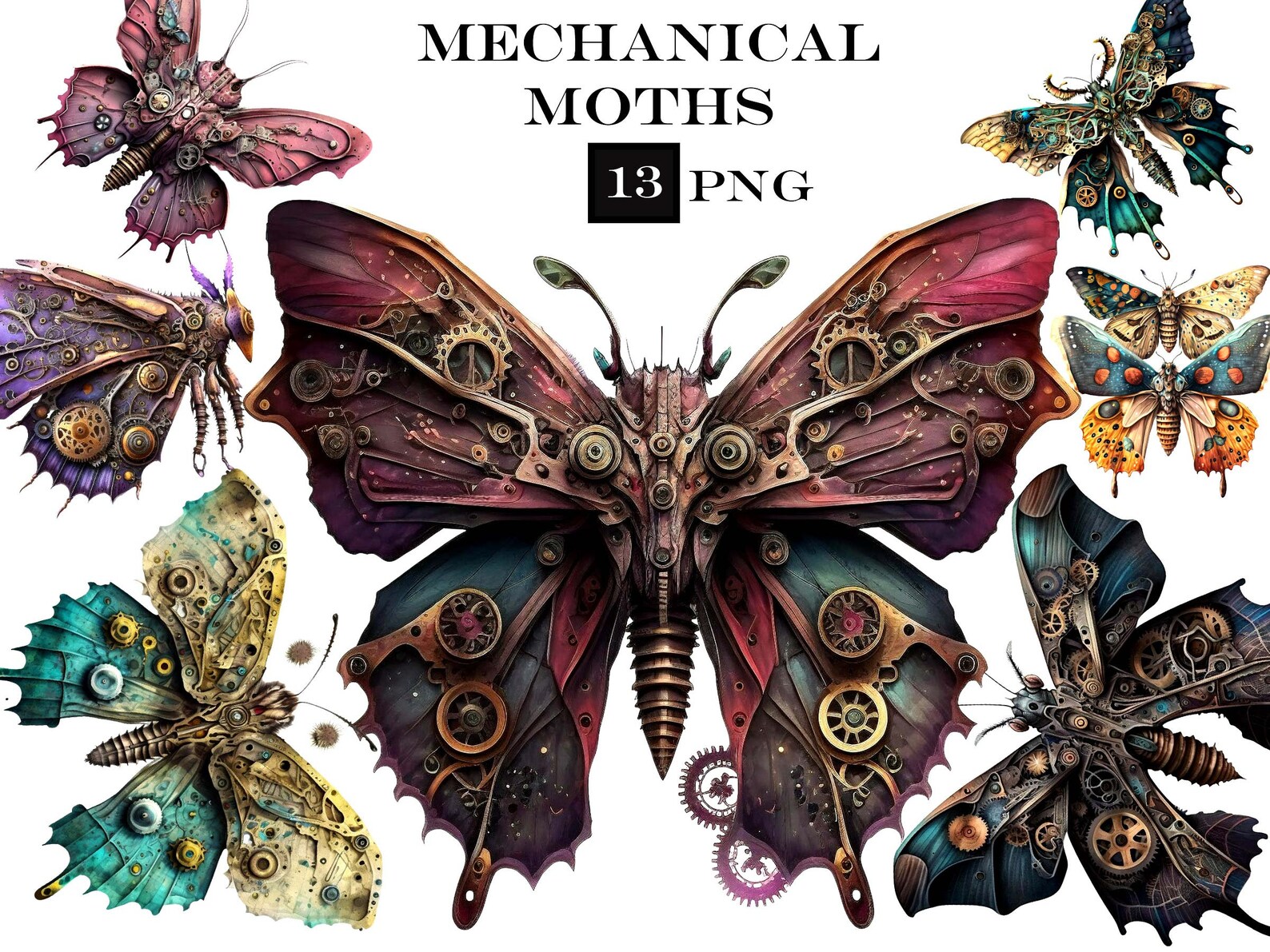 Steampunk Moths Clipart, Watercolor Mechanical Moth PNG, Butterfly ...