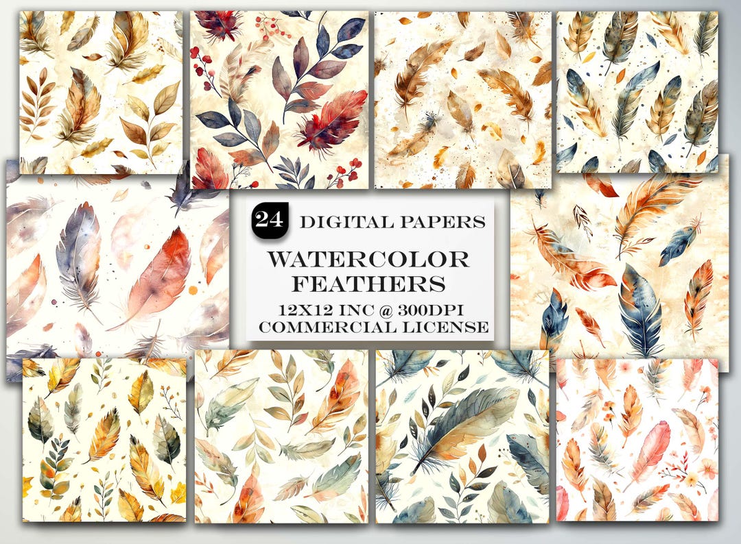 Watercolor Feather Digital Paper Pack – Boho Feather Backgrounds - Etsy