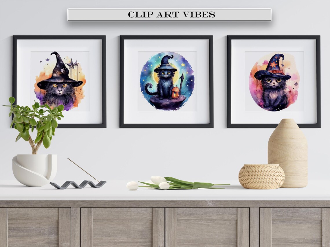 10 PNG Witch Cat Clipart Bundle, Watercolor Cat PNG, Witchery Clipart ...