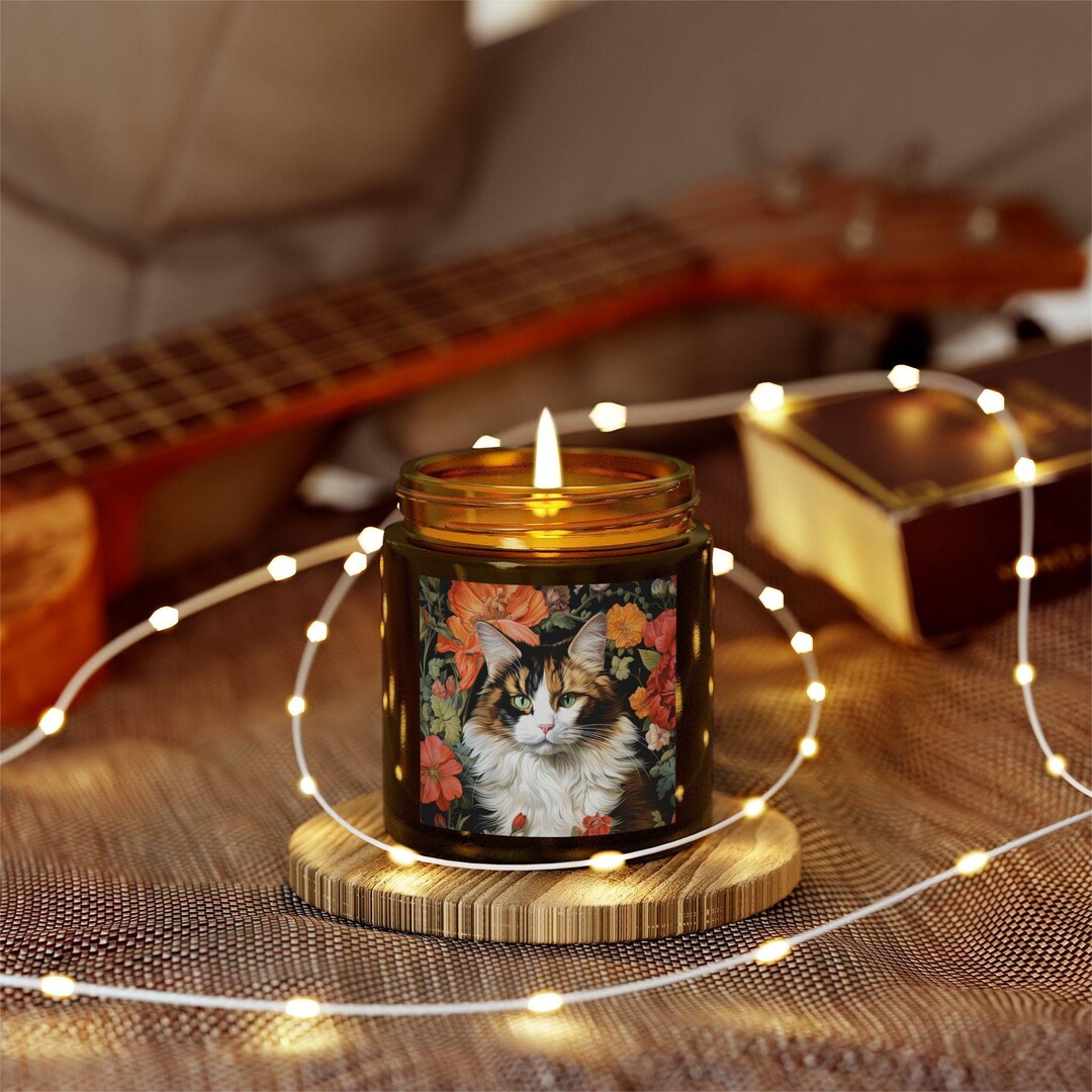 WILLIAM MORRIS Inspired Calico Cat Floral Design Scented Candle Jar ...