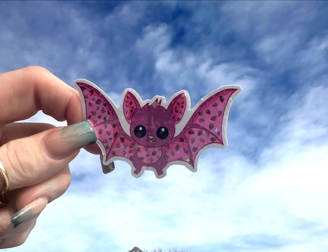 Cute Strawberry Bat Sticker, Gift for Kids, Waterproof Holographic ...