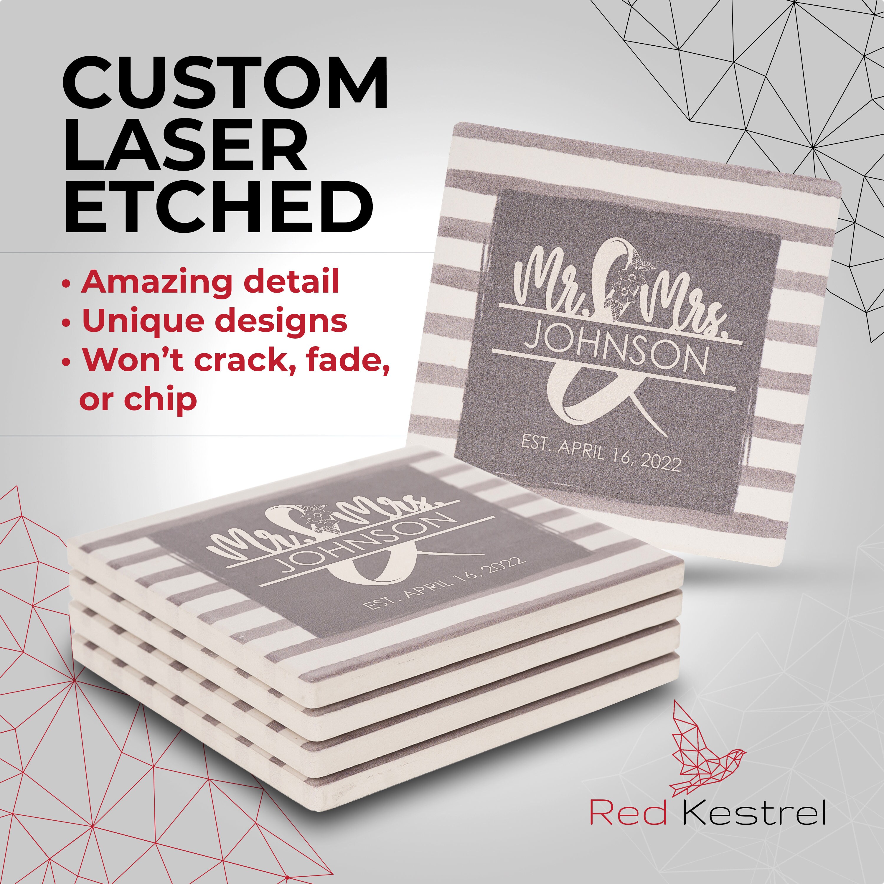 Personalized Modern Styled Ceramic Coasters, Custom Engraved Coasters ...