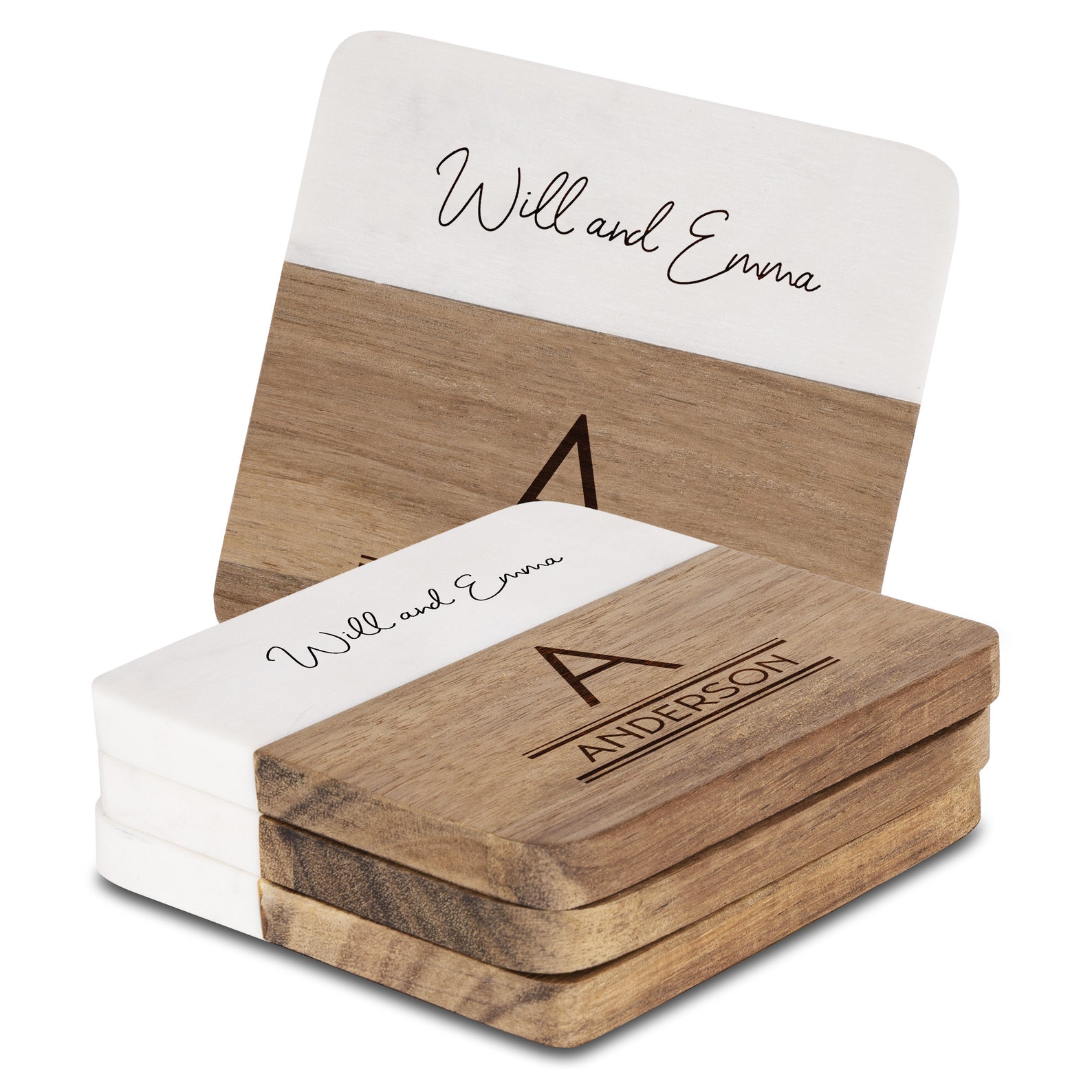 Personalized Marble Wood Coasters, Custom Engraved Wooden Coasters Set ...