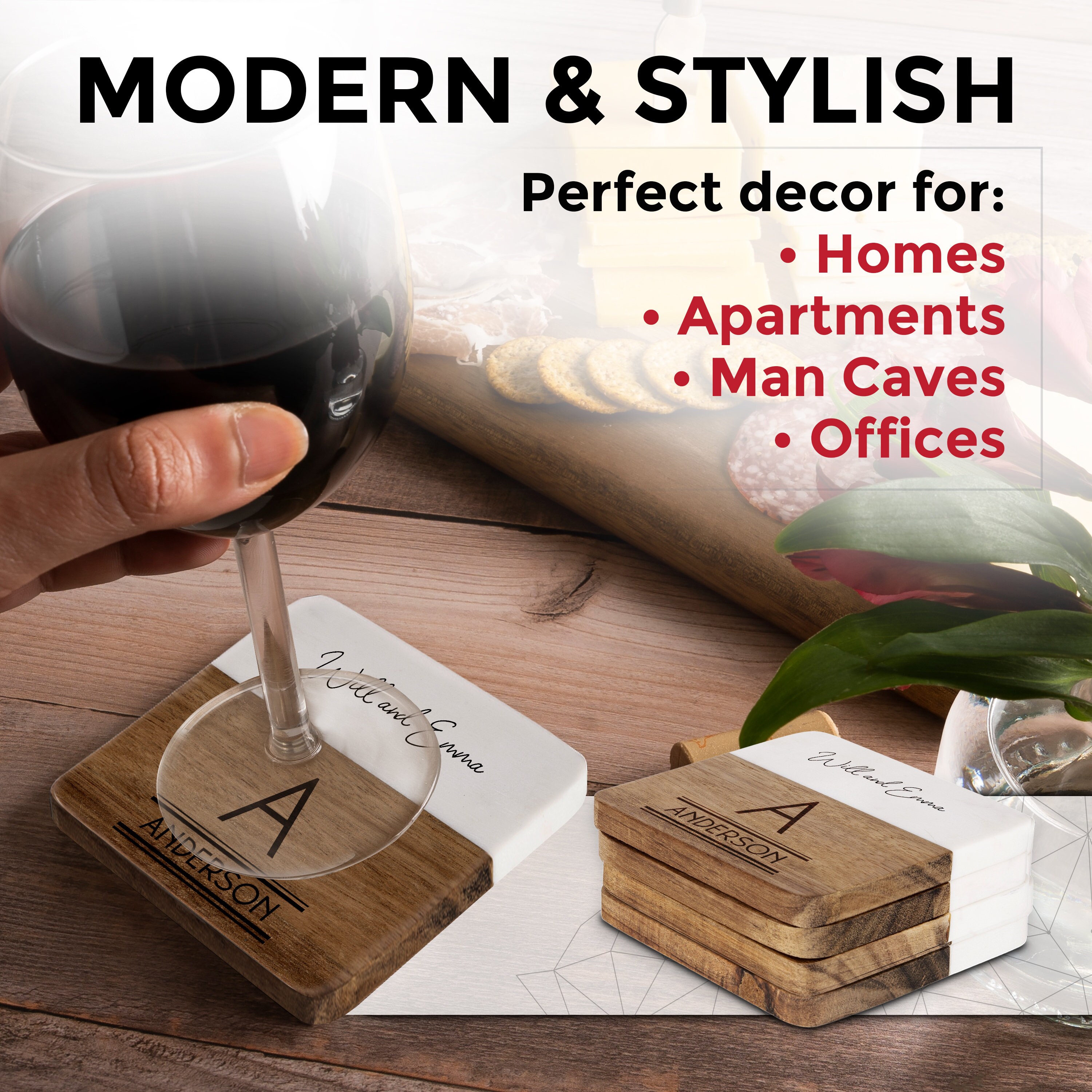 Personalized Marble Wood Coasters, Custom Engraved Wooden Coasters Set ...