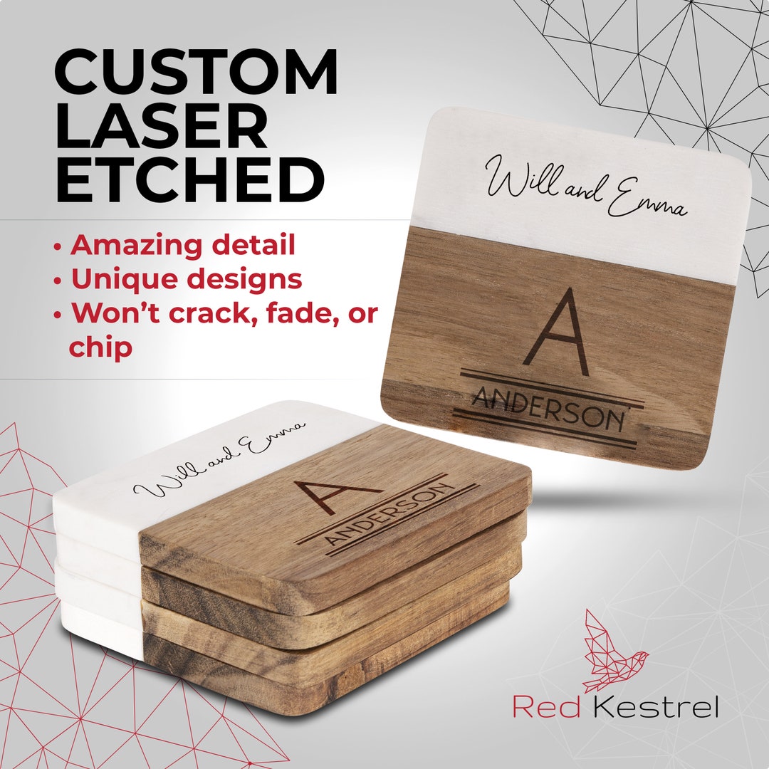 Personalized Marble Wood Coasters, Custom Engraved Wooden Coasters Set ...