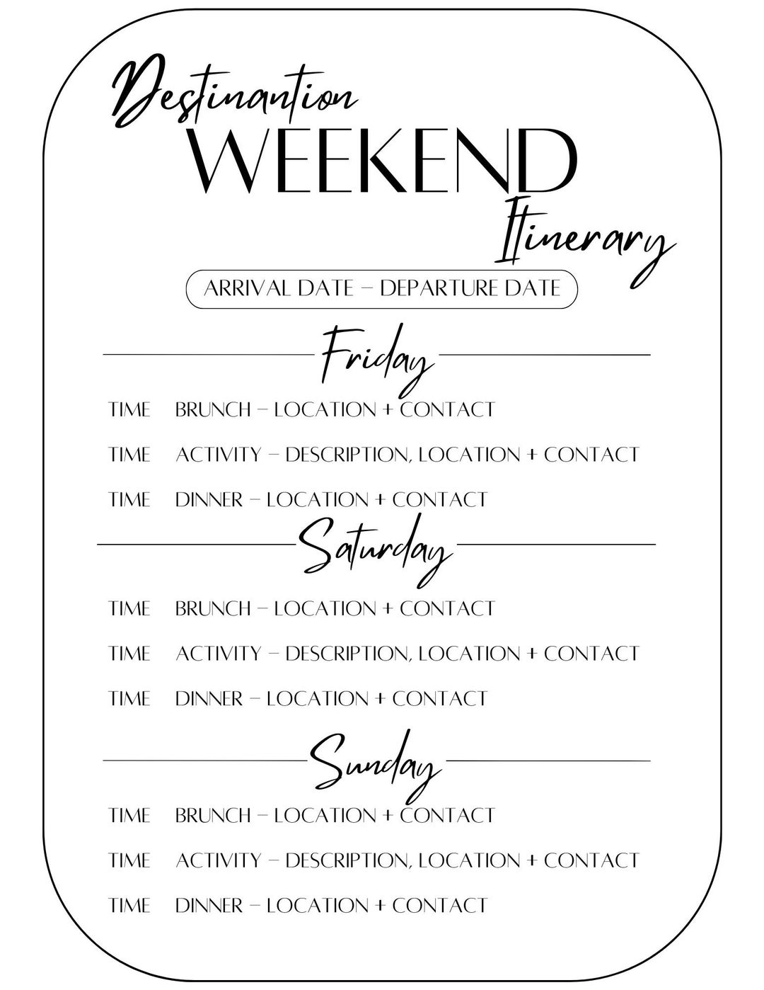 Weekend Itinerary - Customizable, Personalized, Digital Download - Etsy