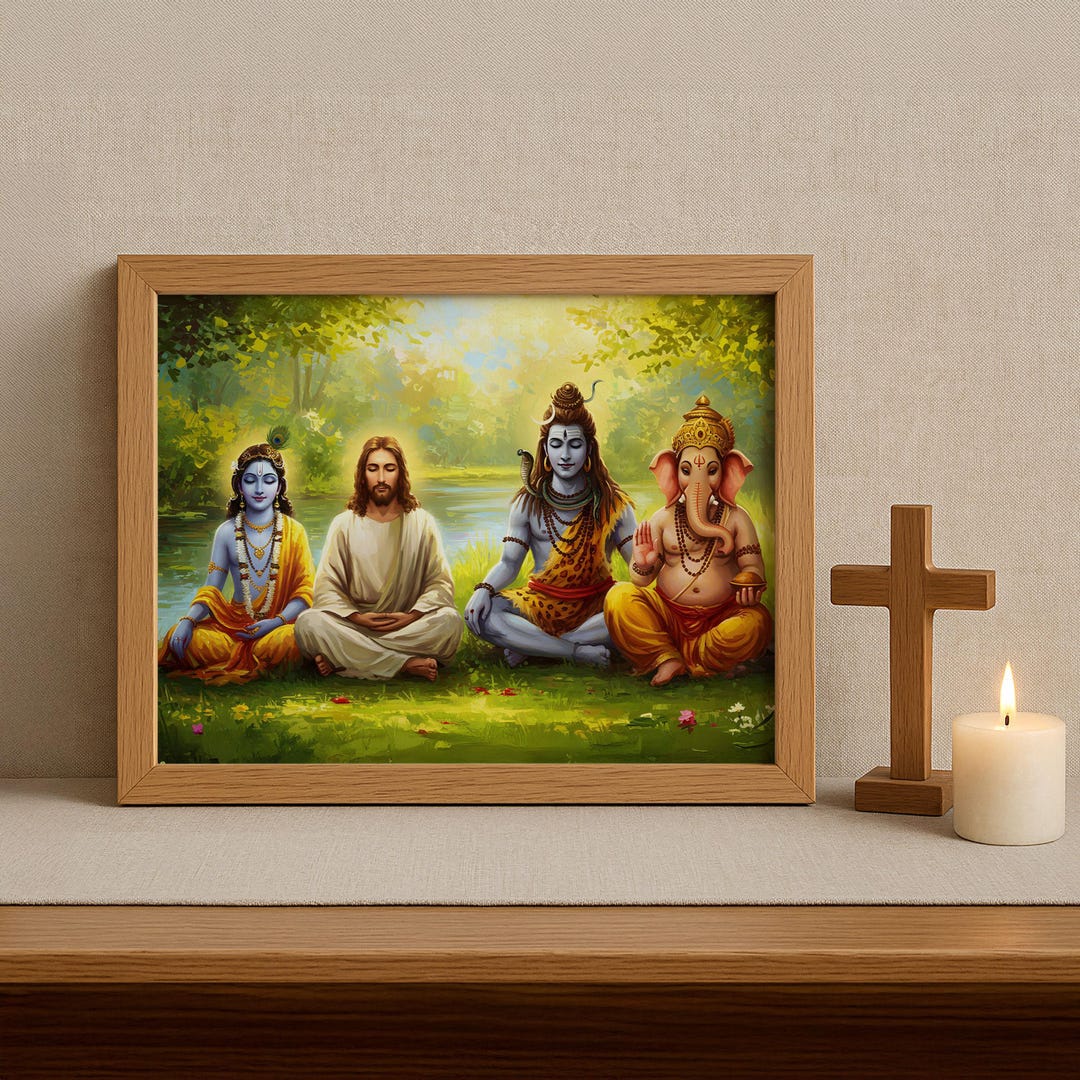 Jesus Meditating With Krishna Shiva and Ganesh, Religious Print, God is ...