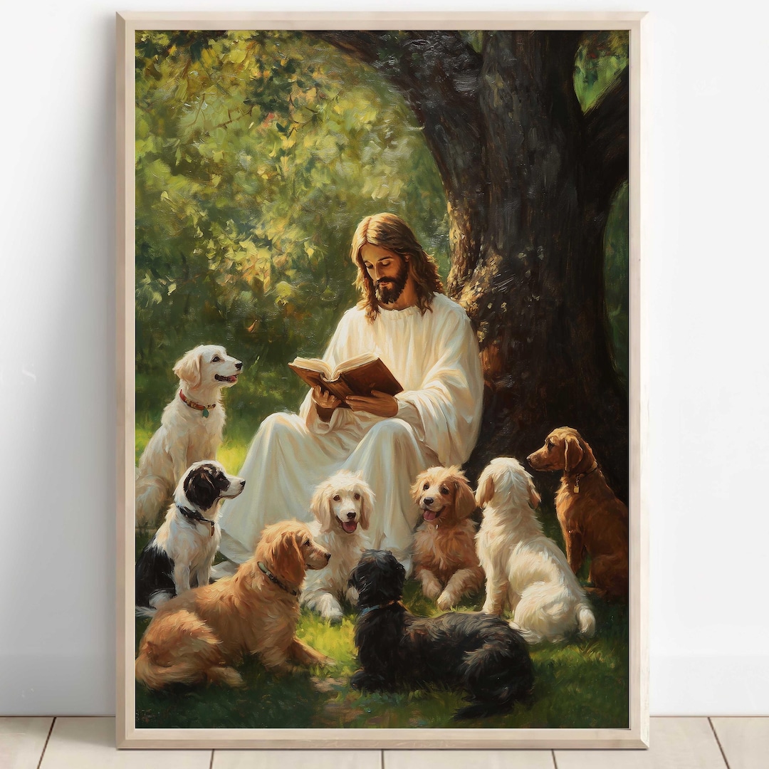 Christian Art, Jesus Reading to Dogs, Jesus Christ With Dogs, Bible Art ...
