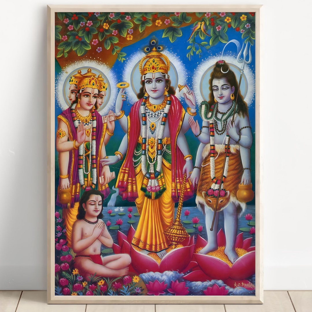 Vishnu, Brahma and Shiva, Holy Trinity, Hindu God Wall Art, Indian God ...