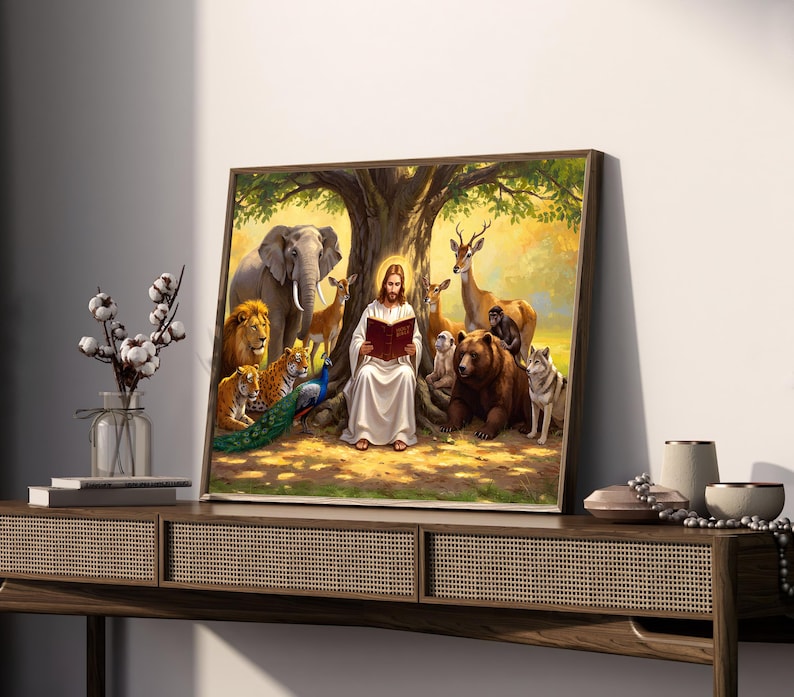 Christian Art, Jesus Reading to Animals, Jesus Christ With Animal ...