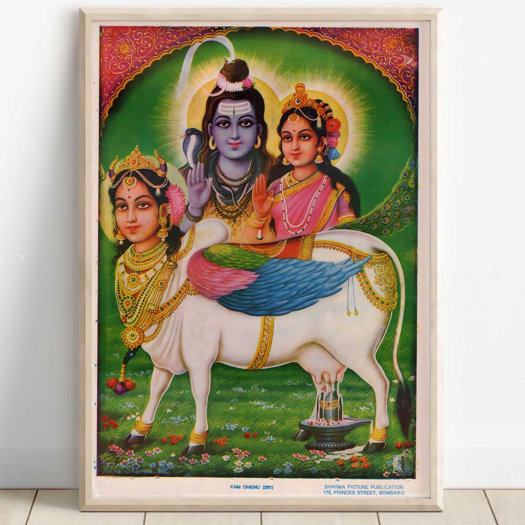 Kamadhenu, Mother of All Cows, Shiv and Parvati, Hindu Goddess Wall Art ...