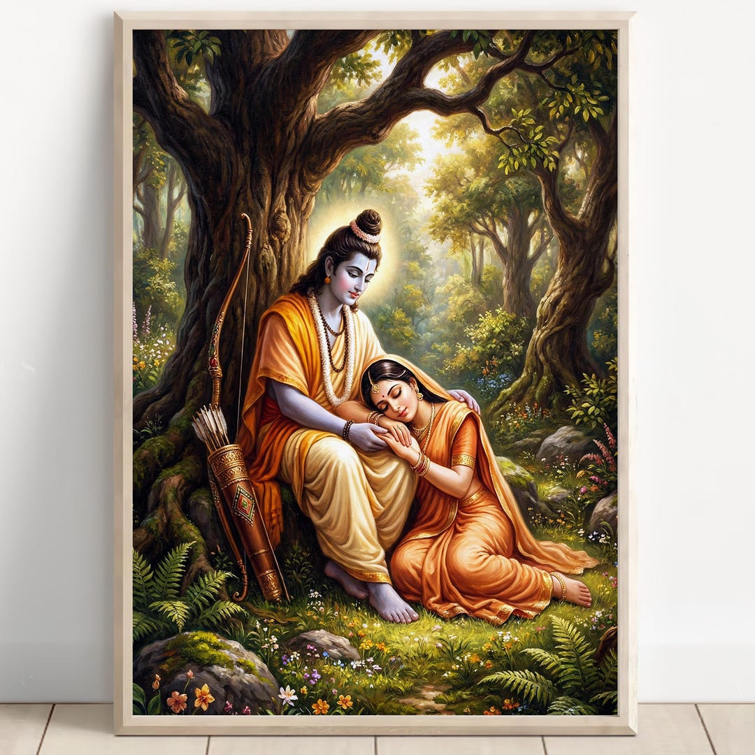 Lord Rama and Sita Resting Under Tree, Divine Love Art, Romantic Hindu ...