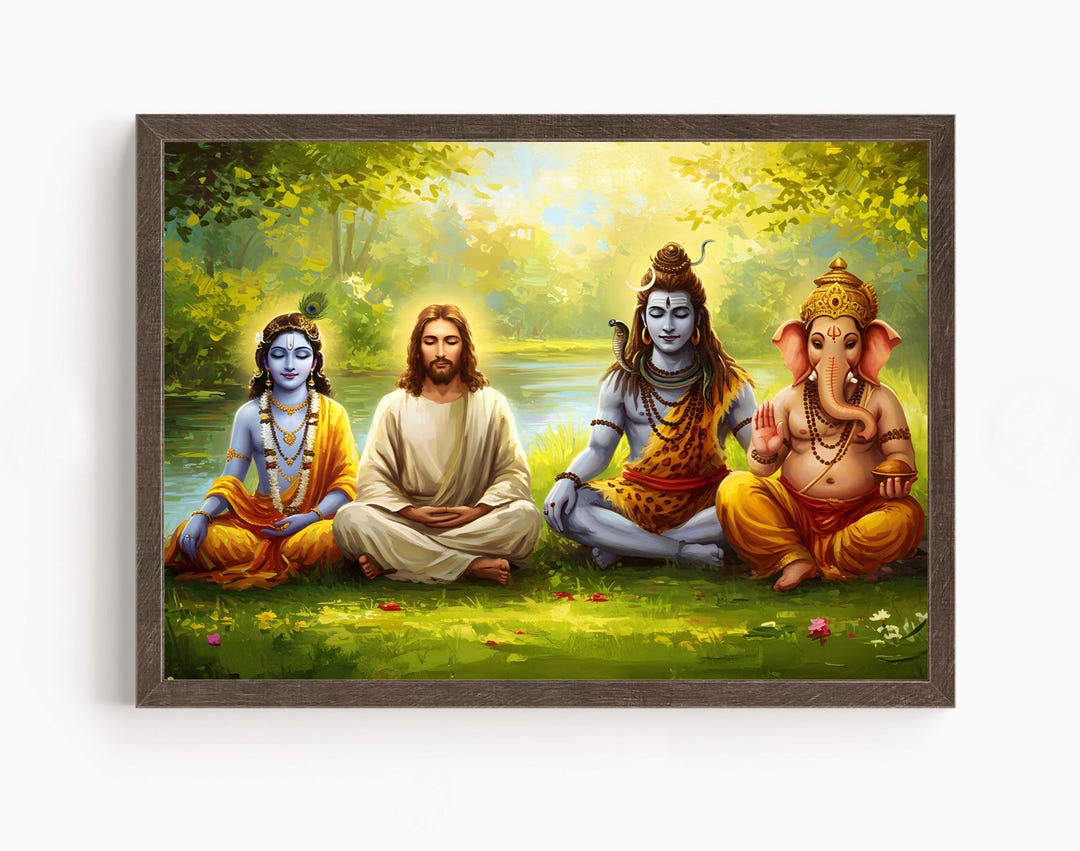 Jesus Meditating With Krishna Shiva and Ganesh, Religious Print, God is ...