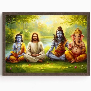 Jesus Meditating With Krishna Shiva and Ganesh, Religious Print, God is ...