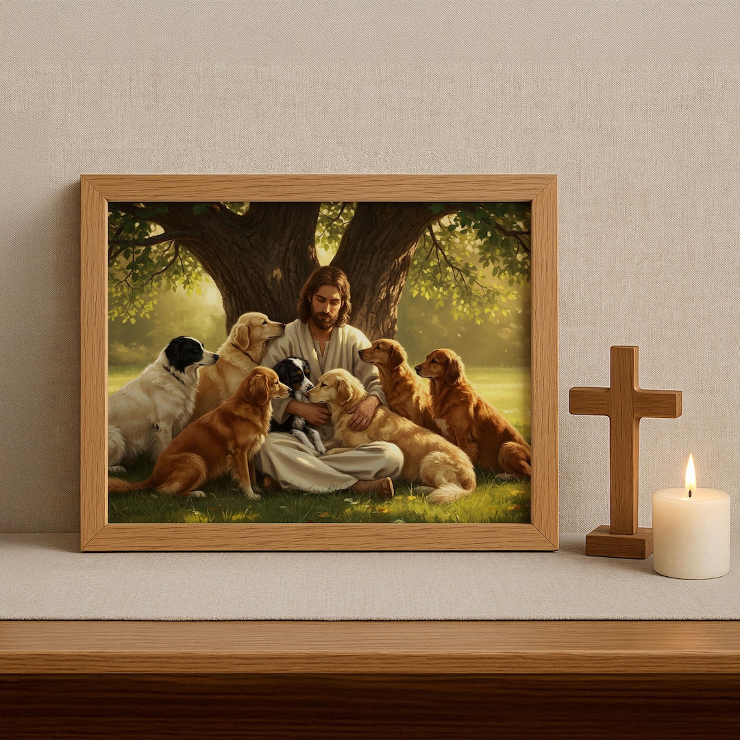 Christian Art, Jesus Hugging Dogs, Jesus Christ With Golden Retrievers ...