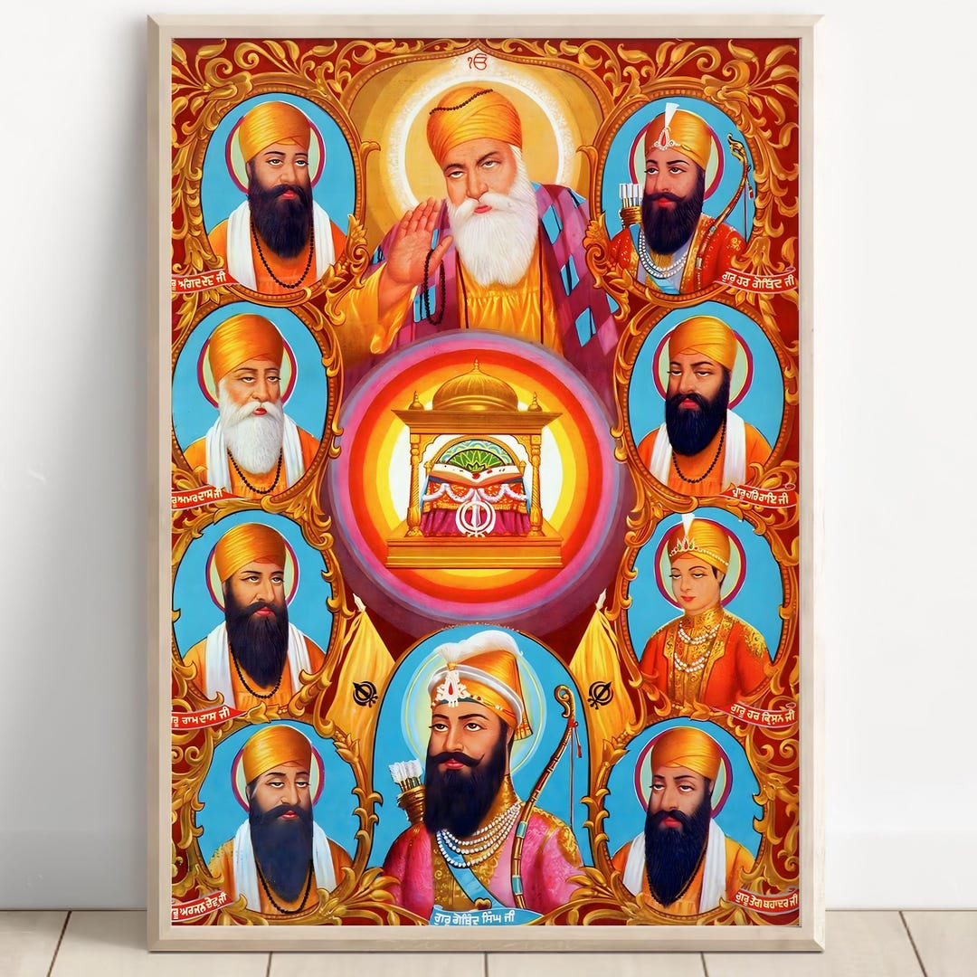 Sikh Art | Ten Sikh Gurus | All in One Frame | Religious Art | Vintage ...