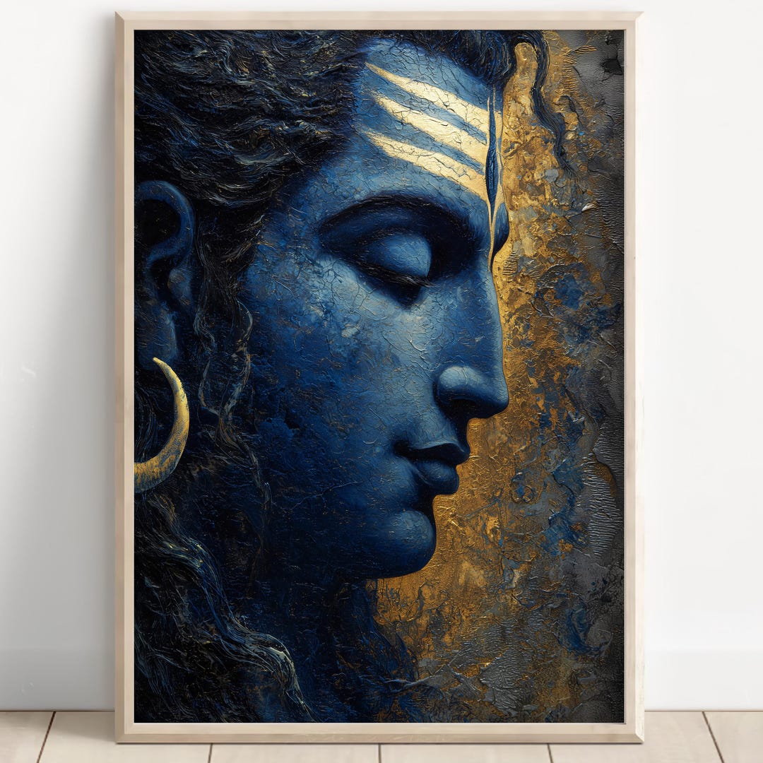 Lord Shiva Wall Art Mahadev Portrait Hindu God Painting Blue Gold ...
