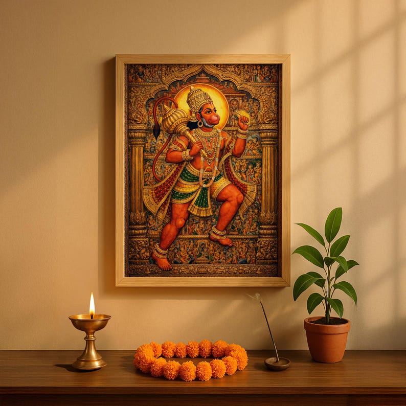 Golden Lord Hanuman Painting, Antique Effect Hindu God, Intricate ...