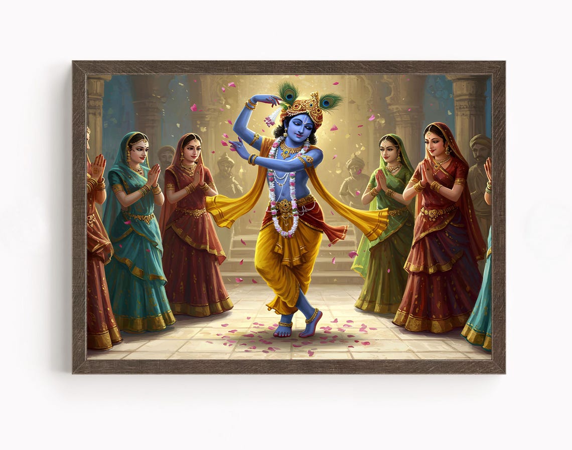 Krishna Art, Krishna Dancing With Gopis, Krishna Painting, Hindu God ...