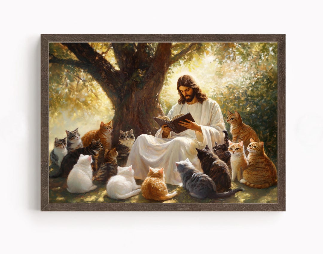 Christian Art, Jesus Reading to Cats, Jesus Christ With Cats, Bible Art ...
