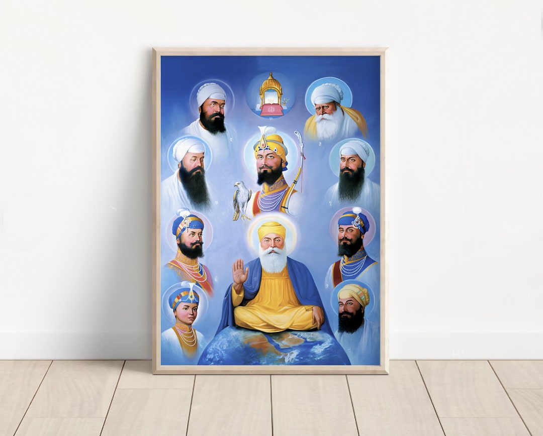 Sikh Art Sikh Gurus All in One Frame Religious Art Vintage Art Painting ...
