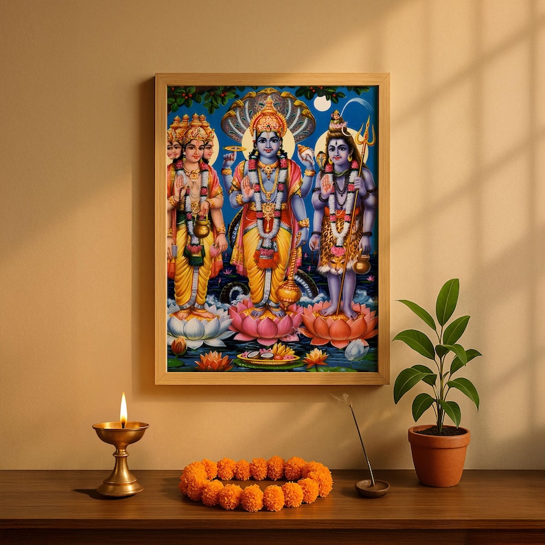 Vishnu, Brahma and Shiva, Holy Trinity, Hindu God Wall Art, Indian God ...