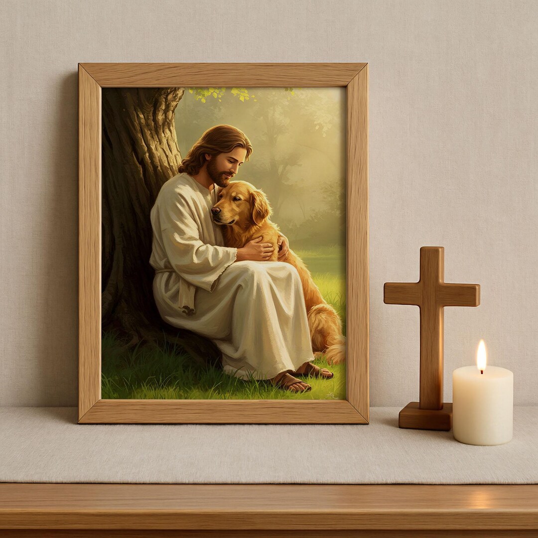 Christian Art, Jesus Hugging Golden Retriever, Jesus Christ With Dog ...