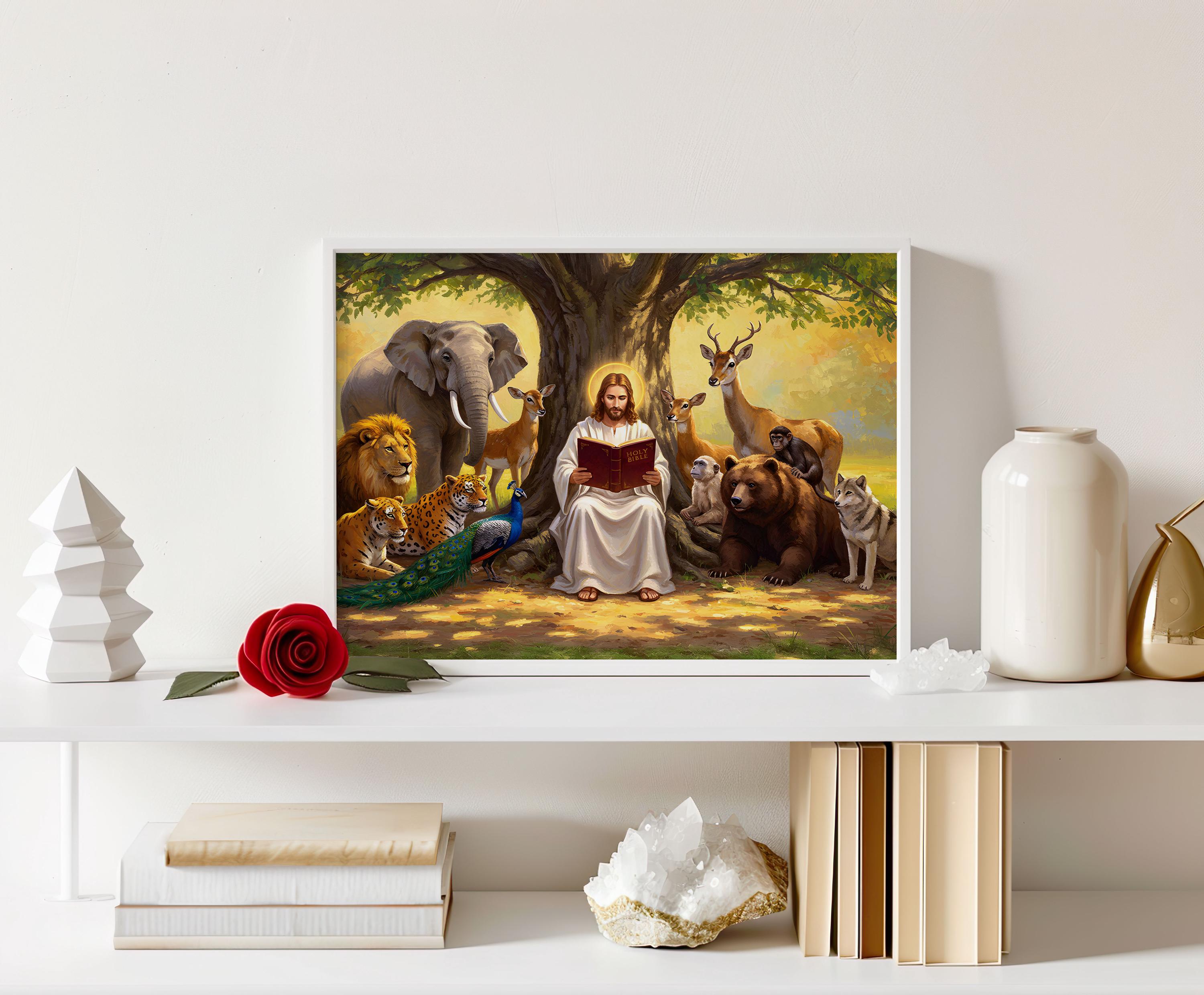 Christian Art, Jesus Reading to Animals, Jesus Christ With Animal ...
