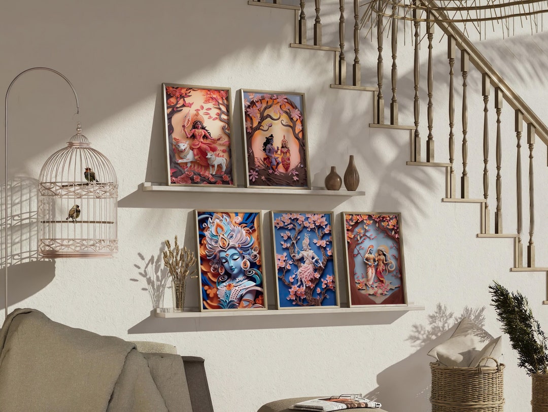 Hindu God Wall Art SET OF 5 Quilling Art Krishna Radha Shiv Parvati ...
