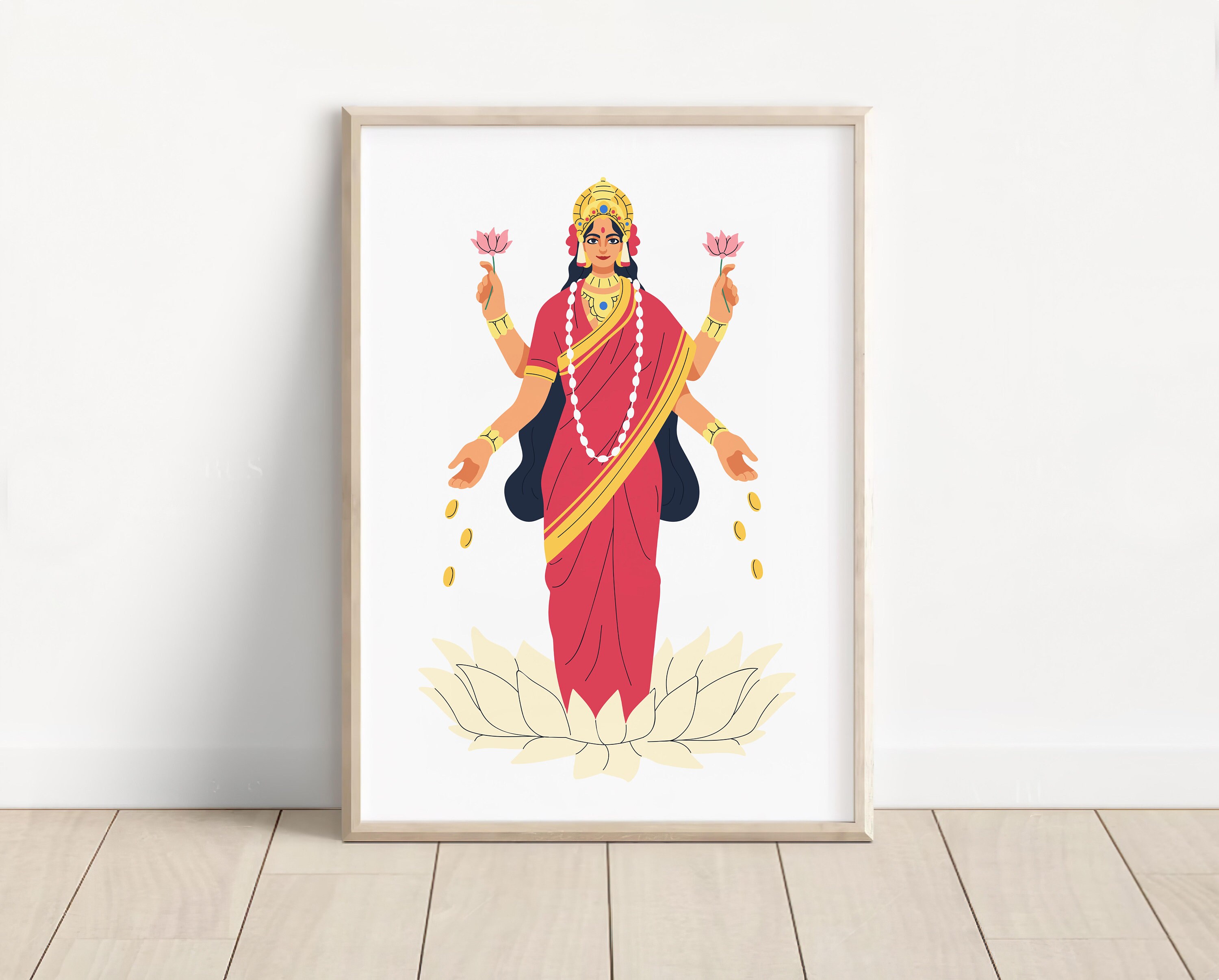 Hindu Goddess Wall Art, LAXMI, Colorful Illustration, Indian God ...