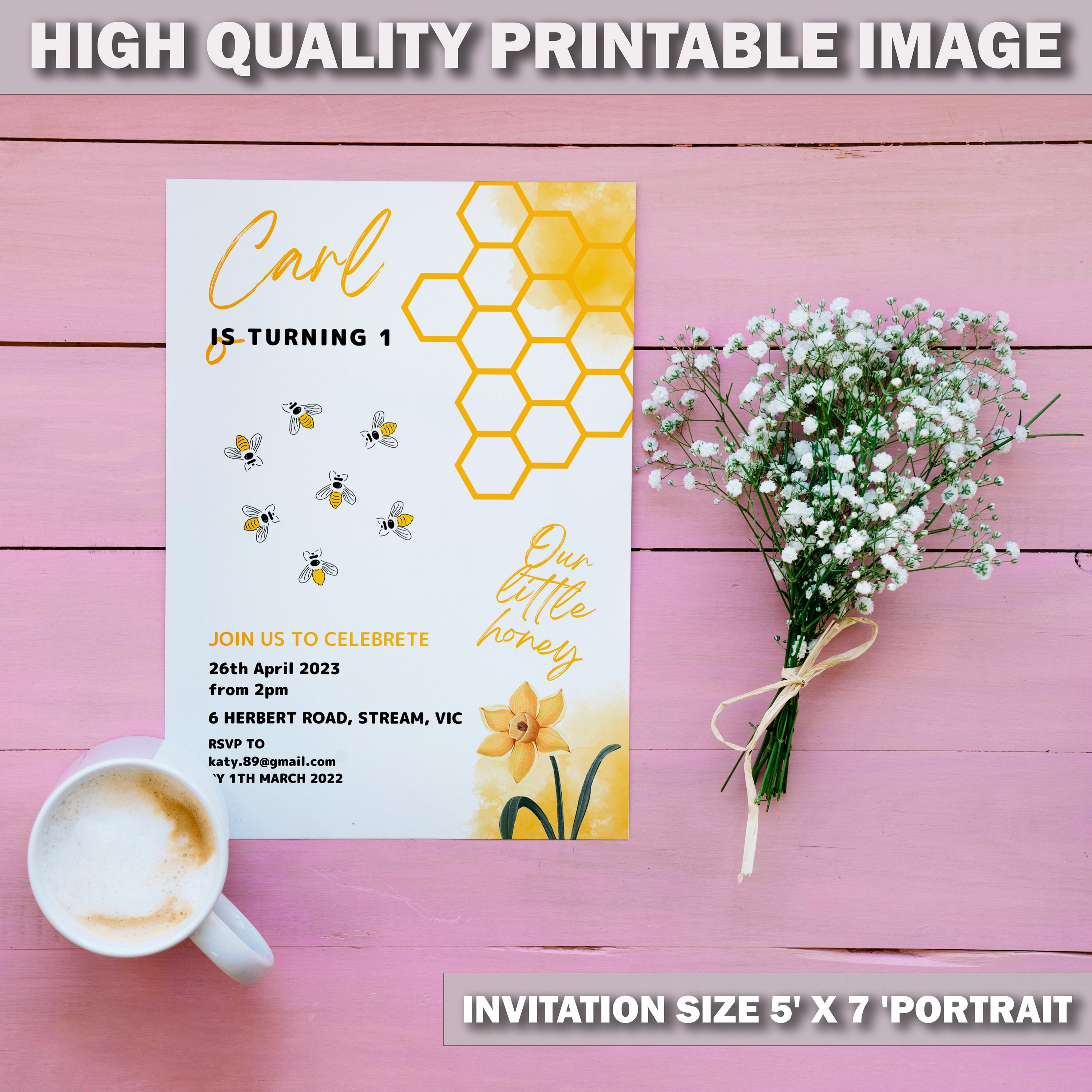 EDITABLE E PRINTABLE TEMPLATE, Honey Birthday Invitation, Any Age, 1st ...