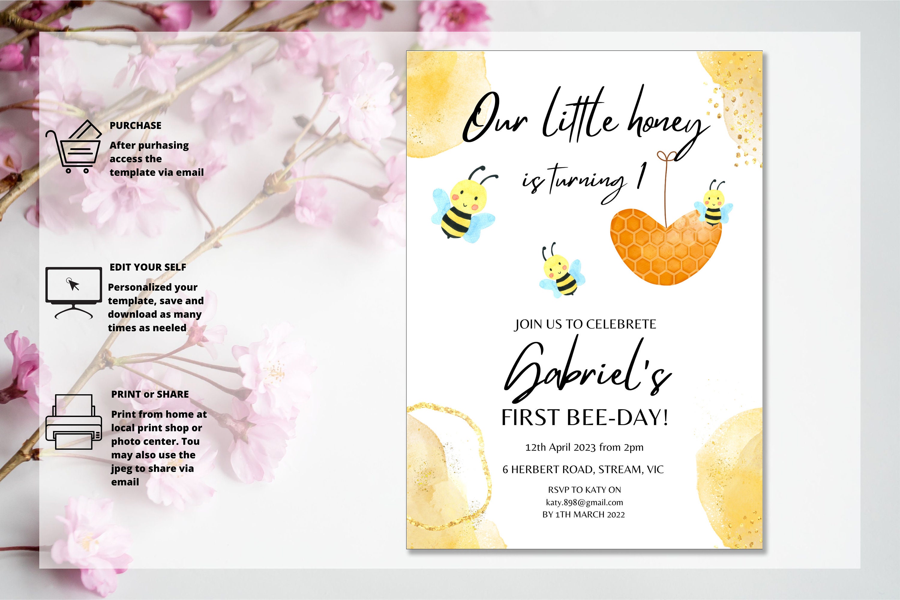 EDITABLE E PRINTABLE TEMPLATE, Honey Birthday Invitation, Any Age, 1st ...
