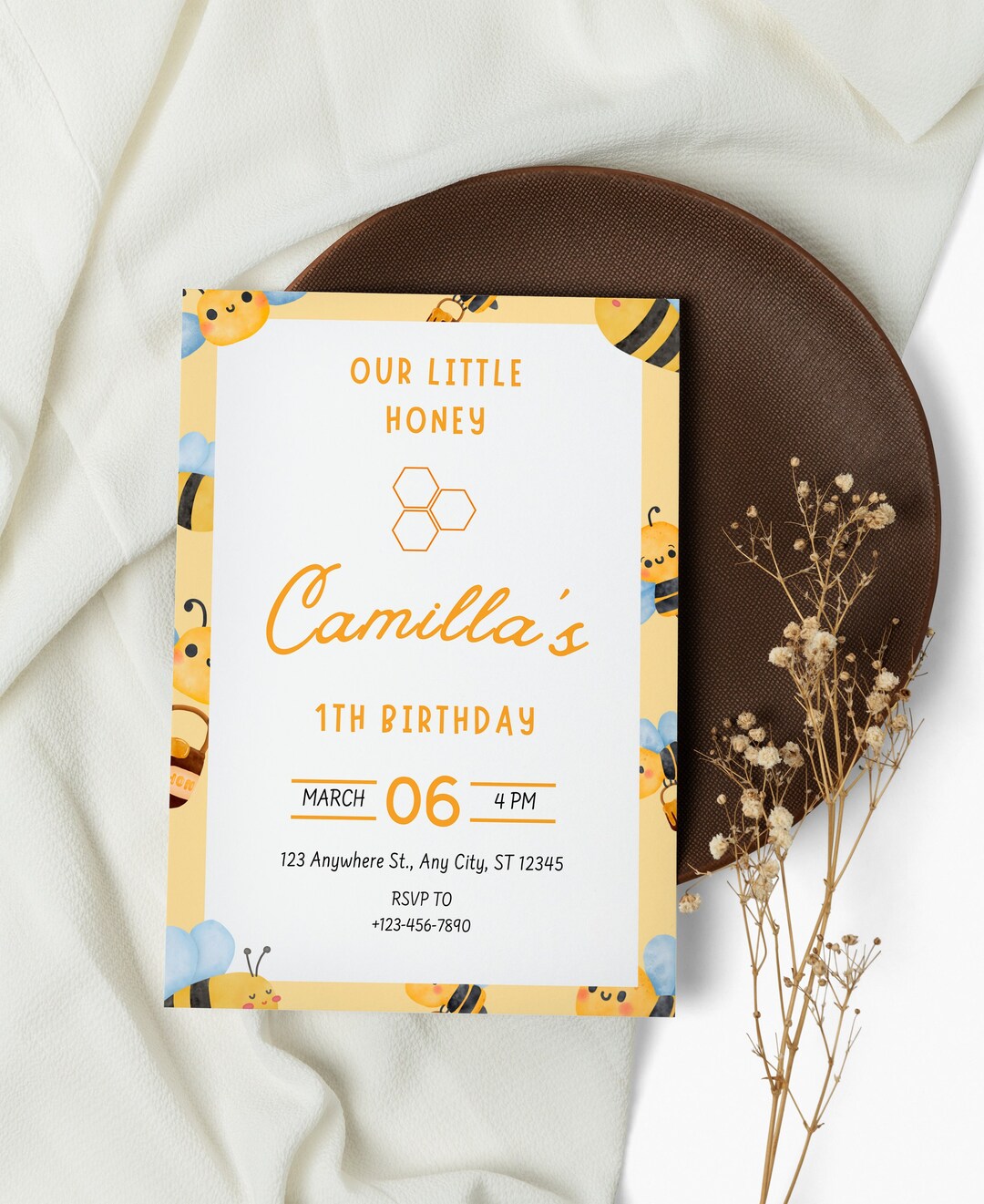 EDITABLE E PRINTABLE TEMPLATE, Honey Birthday Invitation, Any Age, 1st ...
