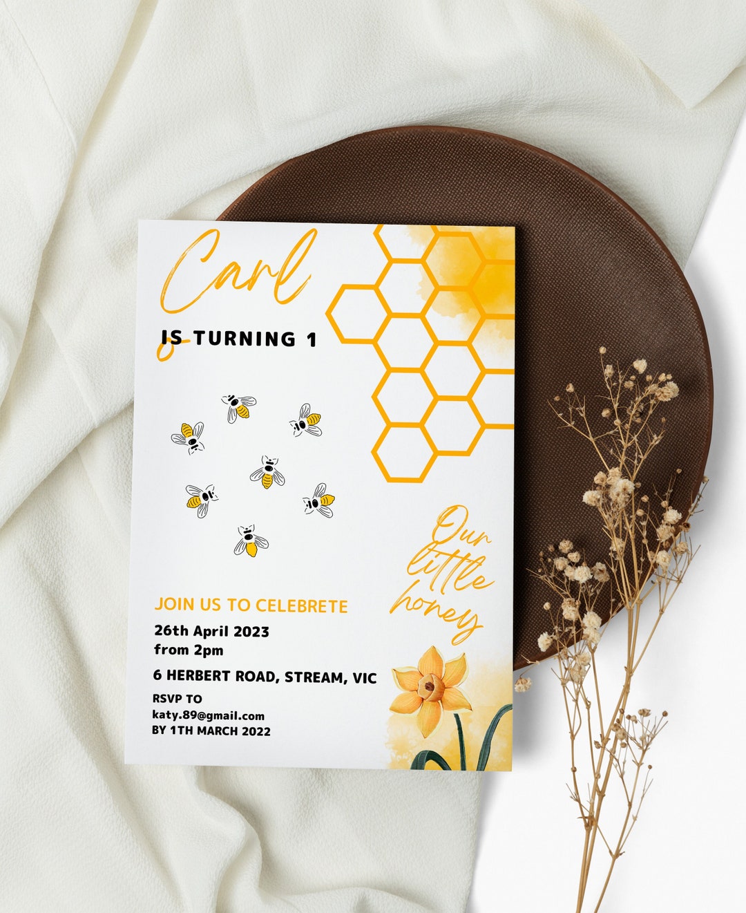 EDITABLE E PRINTABLE TEMPLATE, Honey Birthday Invitation, Any Age, 1st ...