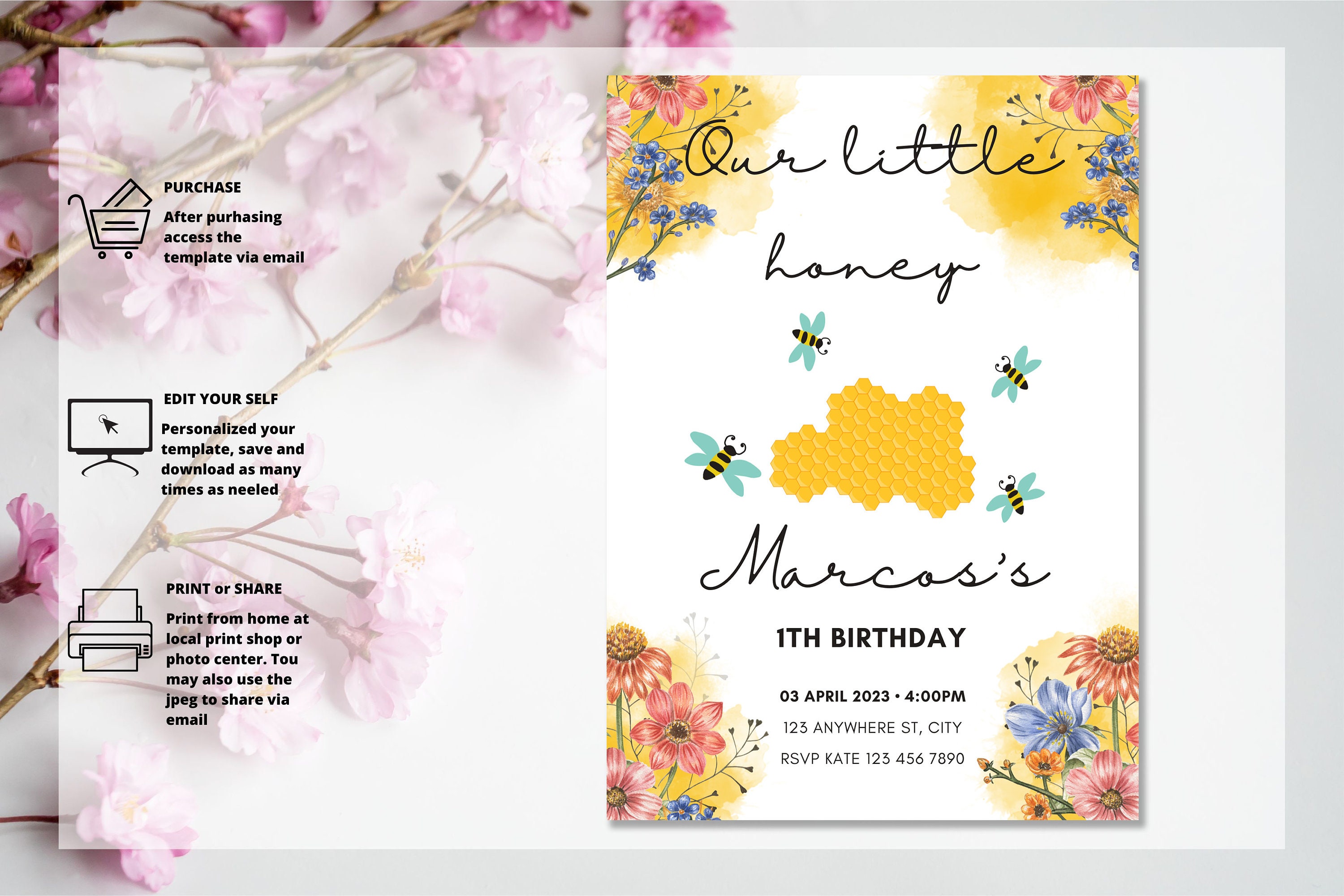EDITABLE E PRINTABLE TEMPLATE, Honey Birthday Invitation, Any Age, 1st ...