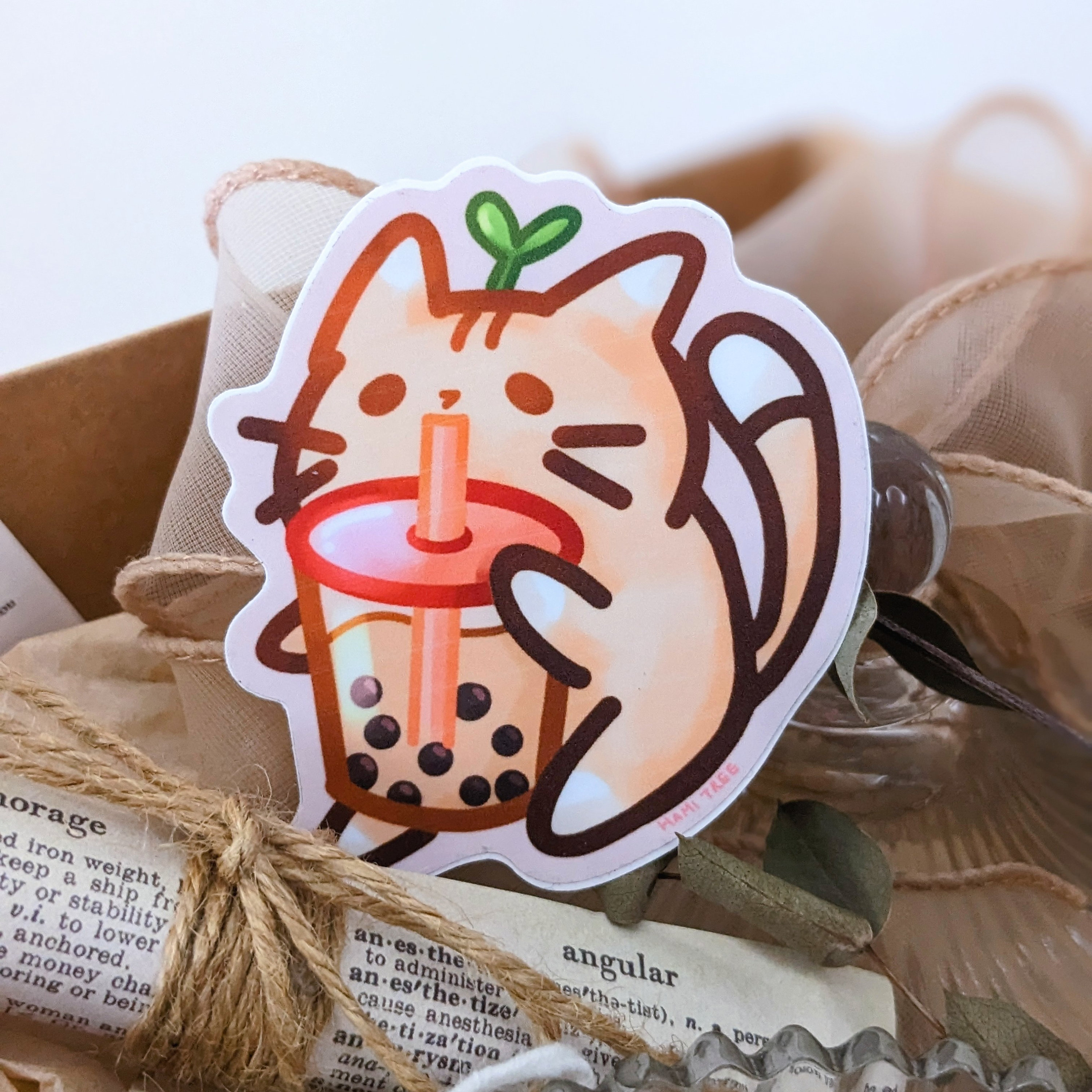 Kawaii Boba Cat Sticker Pink Vinyl Stickers Matte Waterproof 2.5" for ...