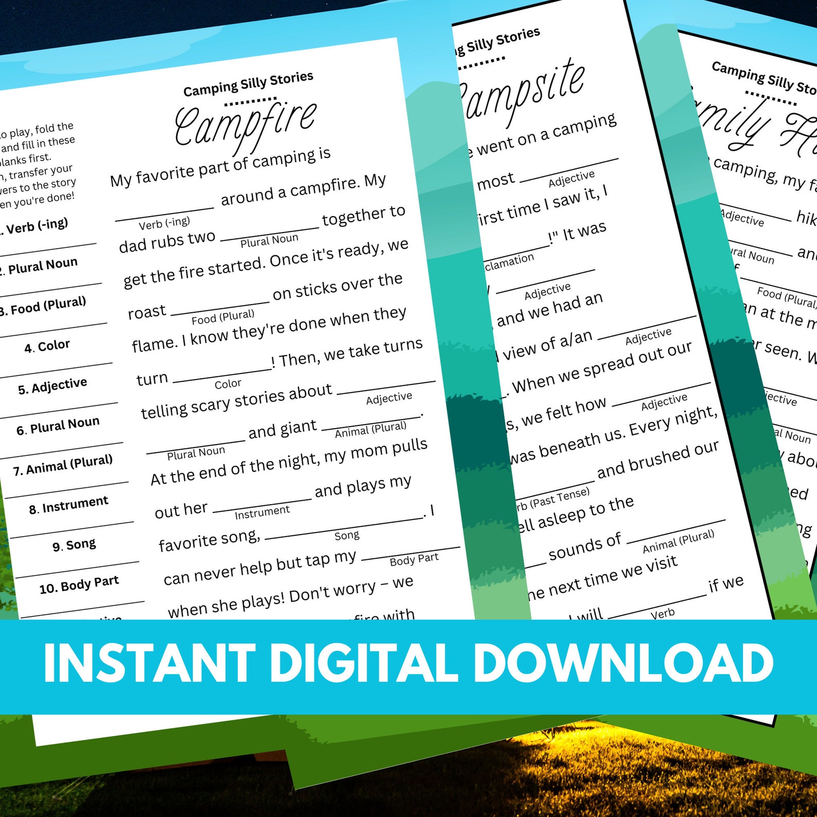 Camping Game for Kids | Fill-in-the-blank Grammar Ad Libs Funny Party ...